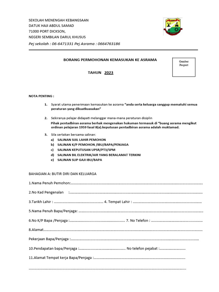 Borang Masuk Asrama 2023 | PDF