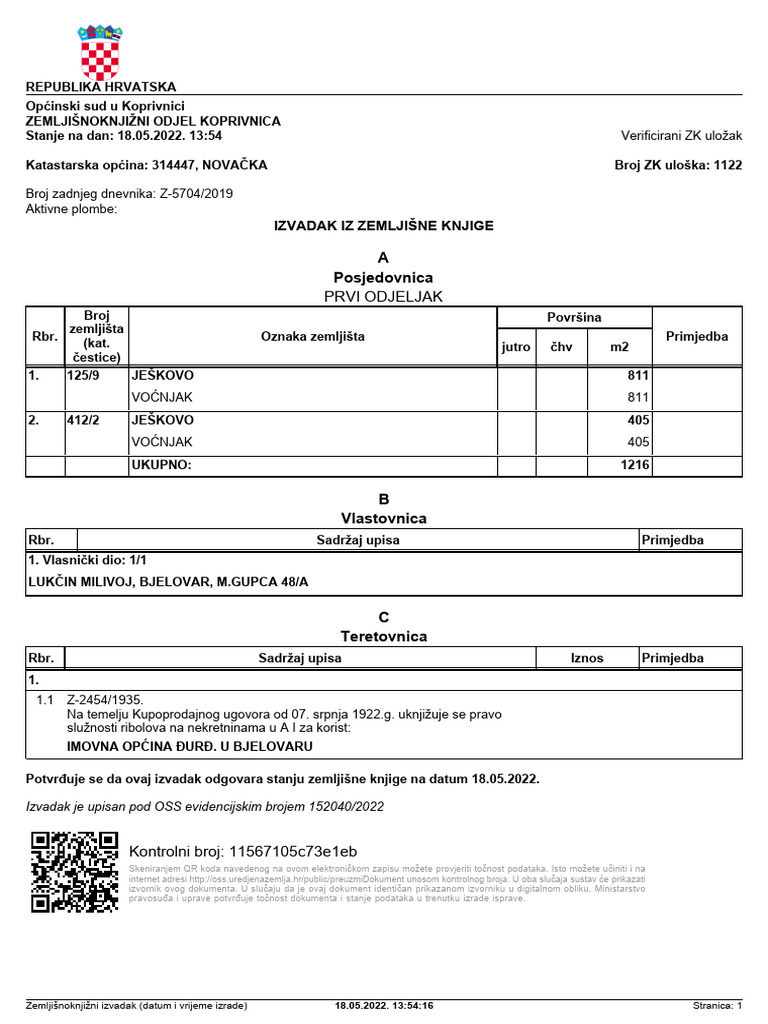 ZK Izvadak 1652874865901 | PDF