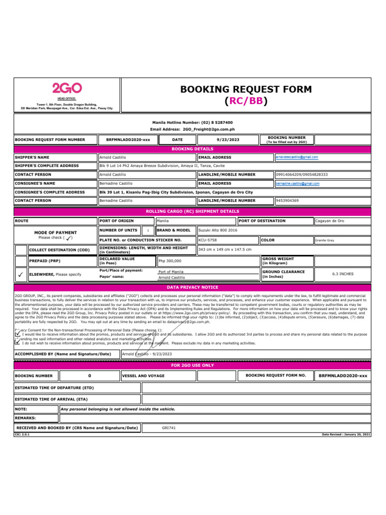 CIC RC BOOKING REQUEST FORM - Castillo J Arnold2 | PDF | Privacy