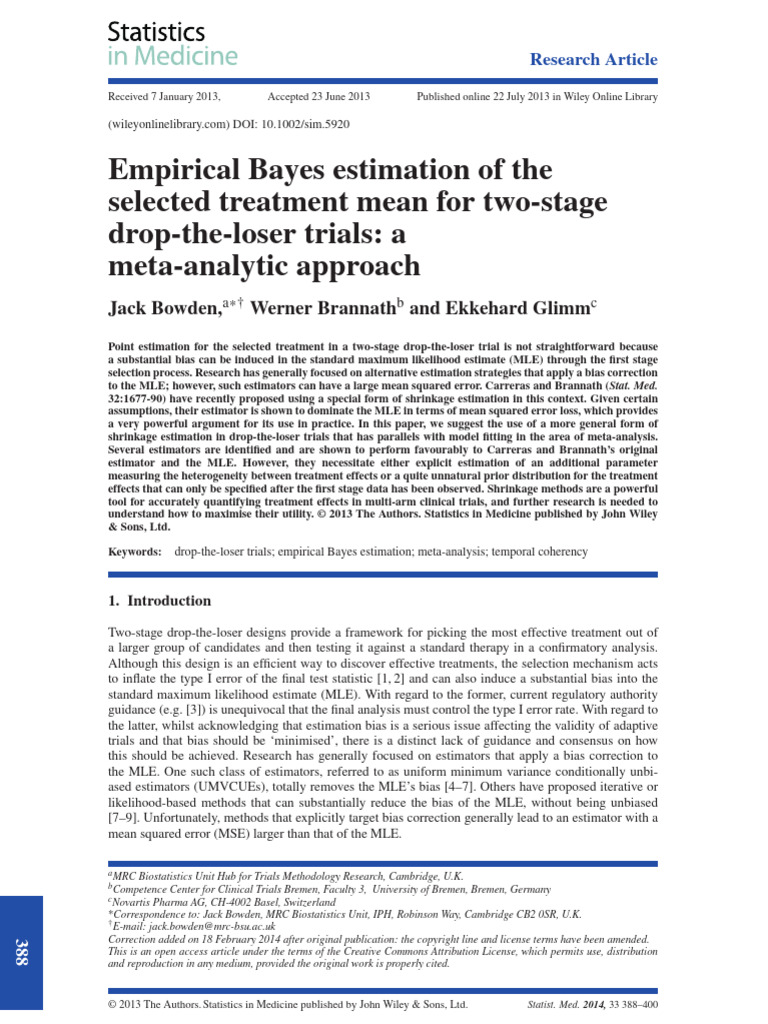 Empirical Bayes Estimation of The Selected Treatment Mean For Two Stage Drop The Loser Trials A ...