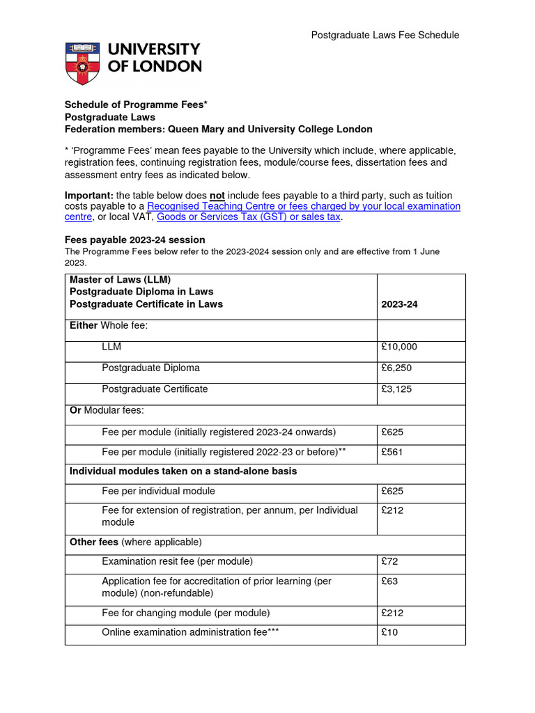 PG Laws Fee Schedule 2023 24 | PDF