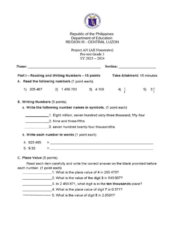 Grade 5 Project An Assessment Tool (Pre-Test) | PDF