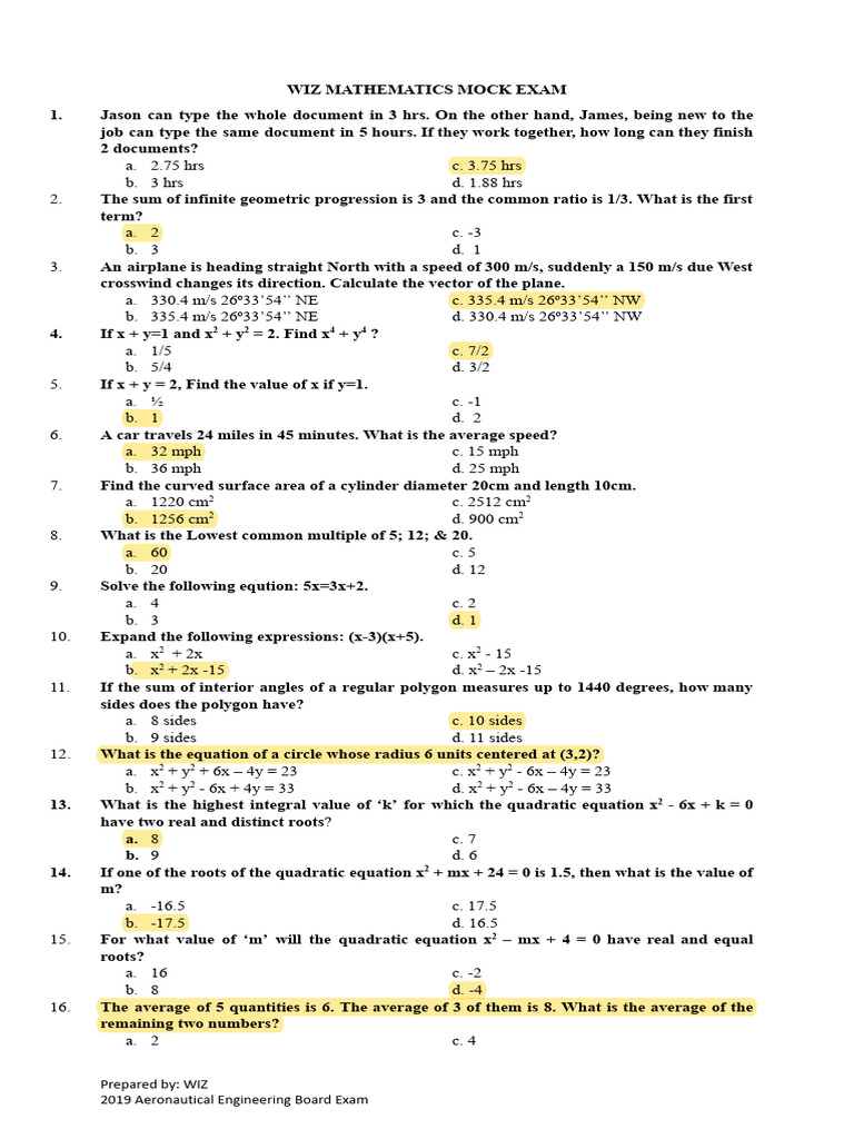 Mathematics Wiz Mock Exam | PDF
