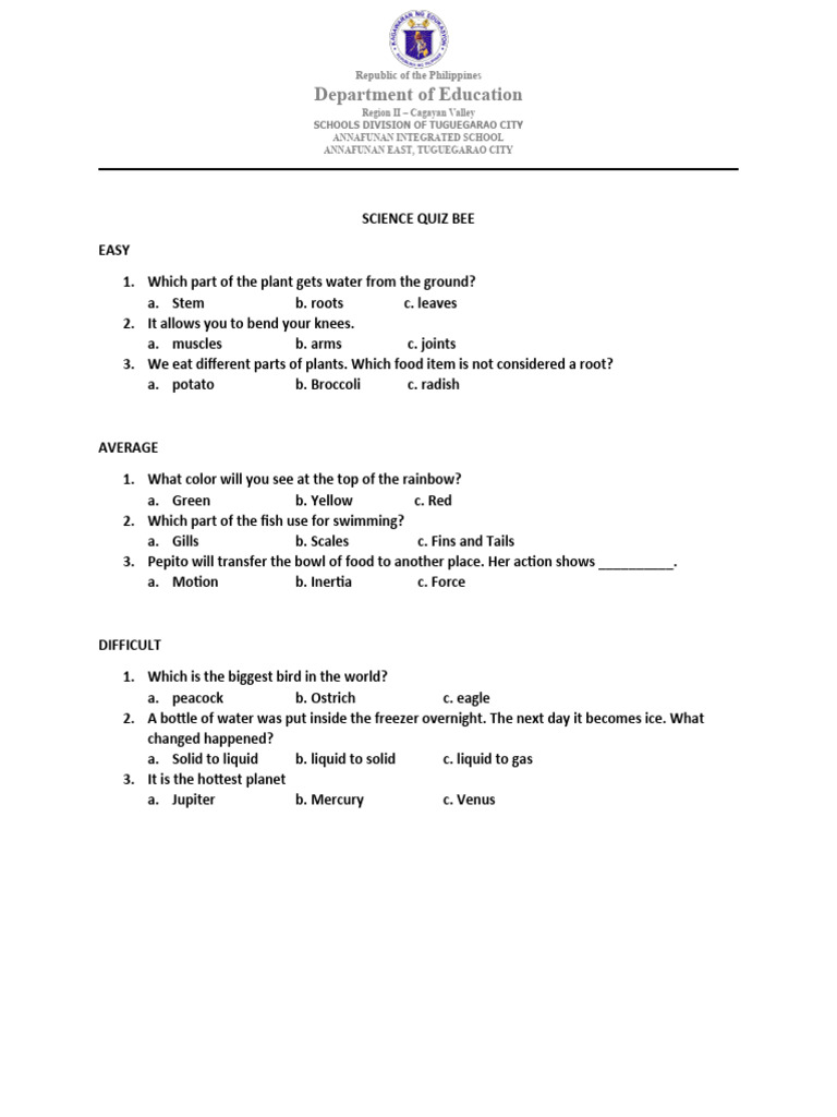 Elementary Science Quiz Bee Questions | PDF | Science & Mathematics