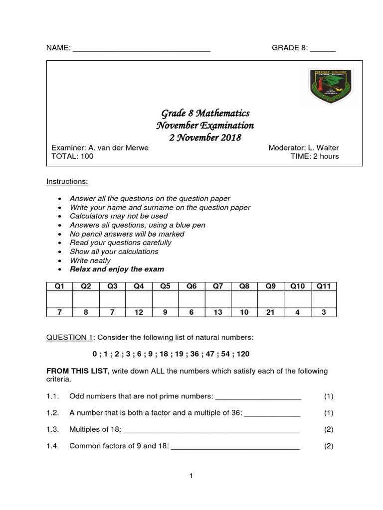 Grade 8 November Exam 2018 | PDF