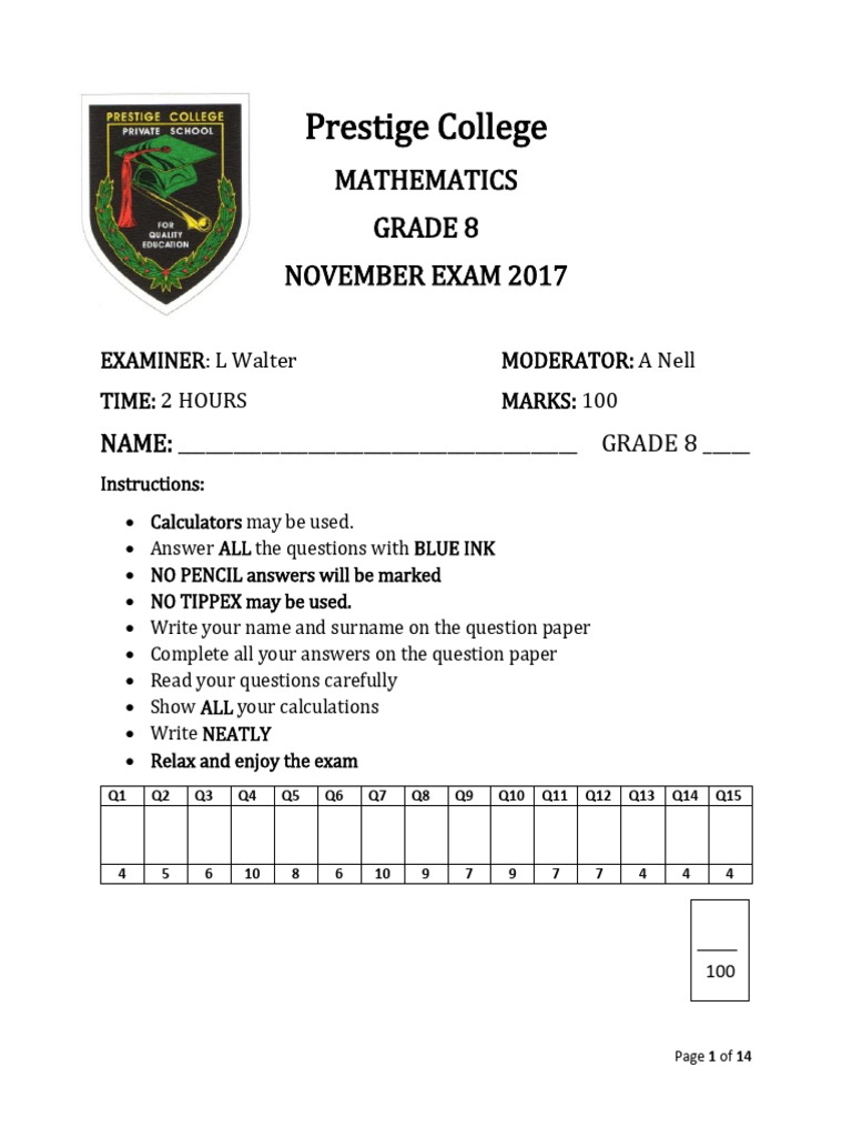 GRD 8 - Nov Exam - 2017 | PDF