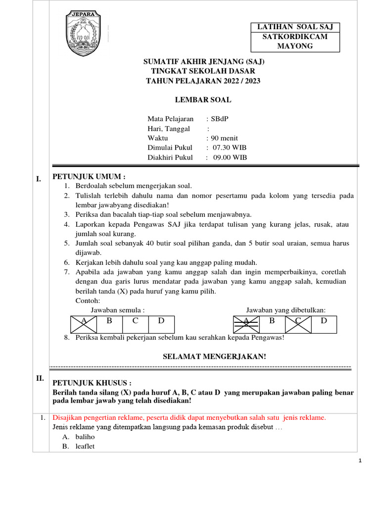 CONTOH SOAL SAJ SBDP 2022 - 2023 | PDF