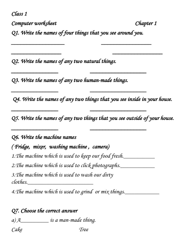 Computer Worksheet Class 1 | PDF