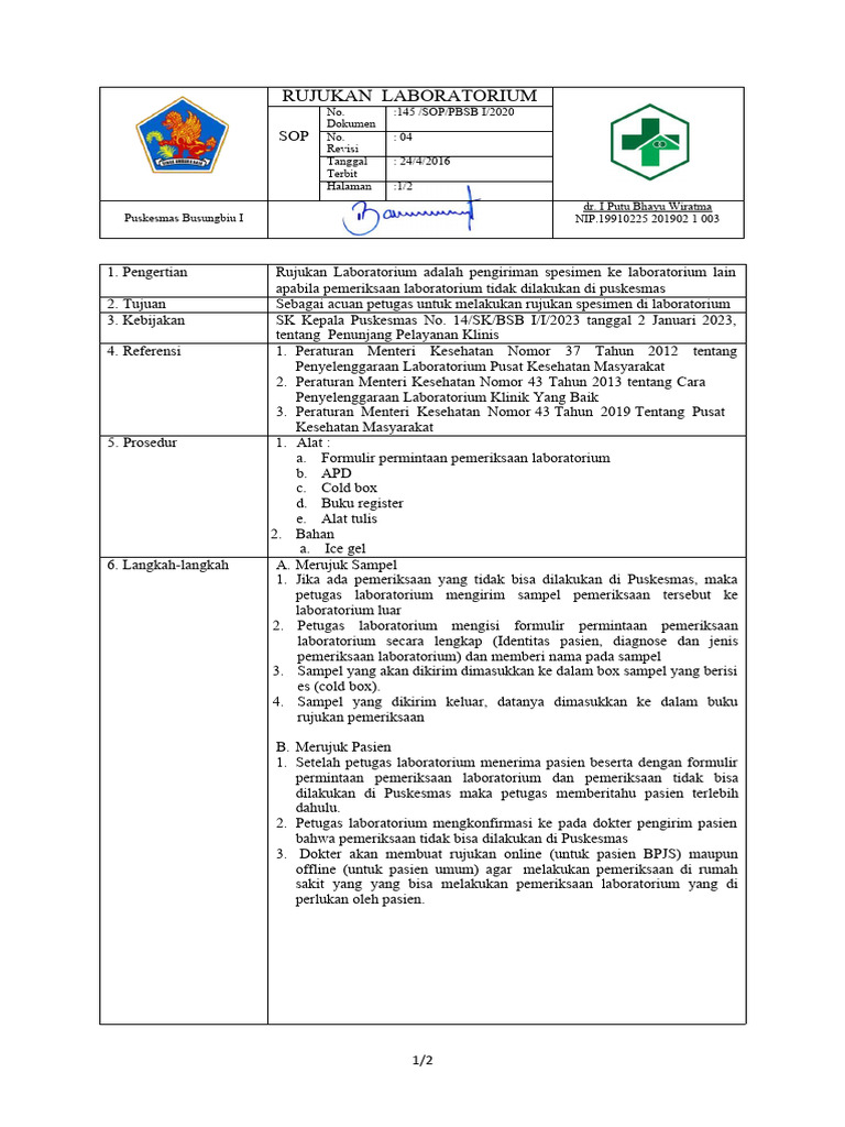 Sop Rujukan Spesimen Atau Pasien Laboratorium | PDF