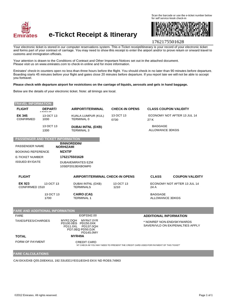 Emirates E-Tickets Example - TOAZ - INFO | PDF | Aviation | Transport