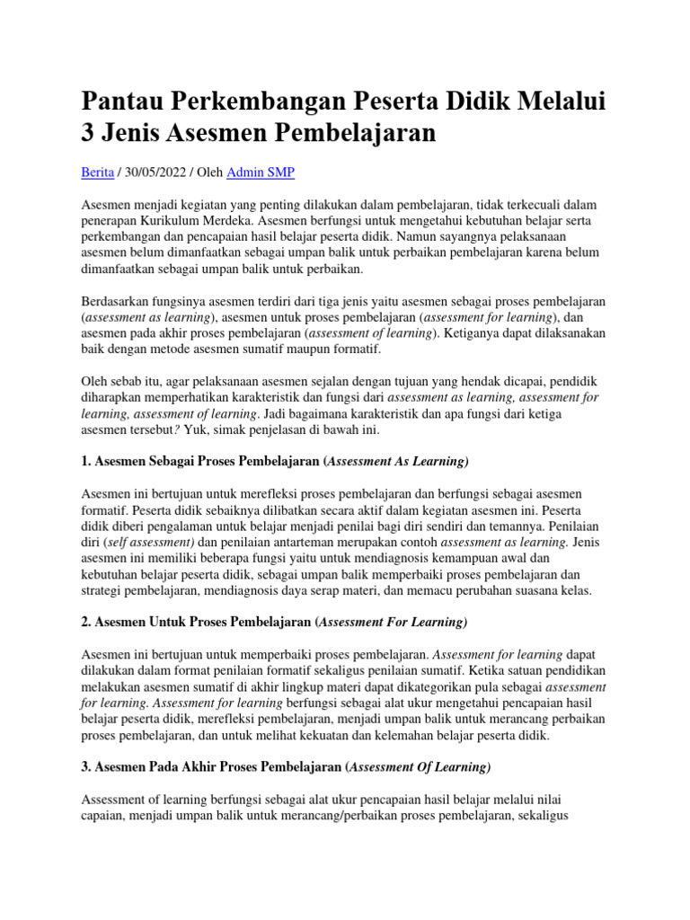 Tiga Jenis Asesmen Pembelajaran | PDF