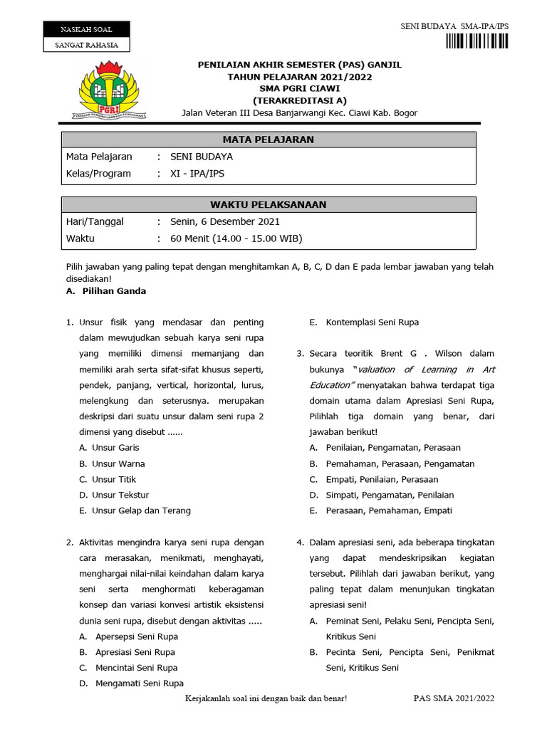 Naskah Soal PAS SBK Kelas 11 2021-2022 NEW-4 | PDF