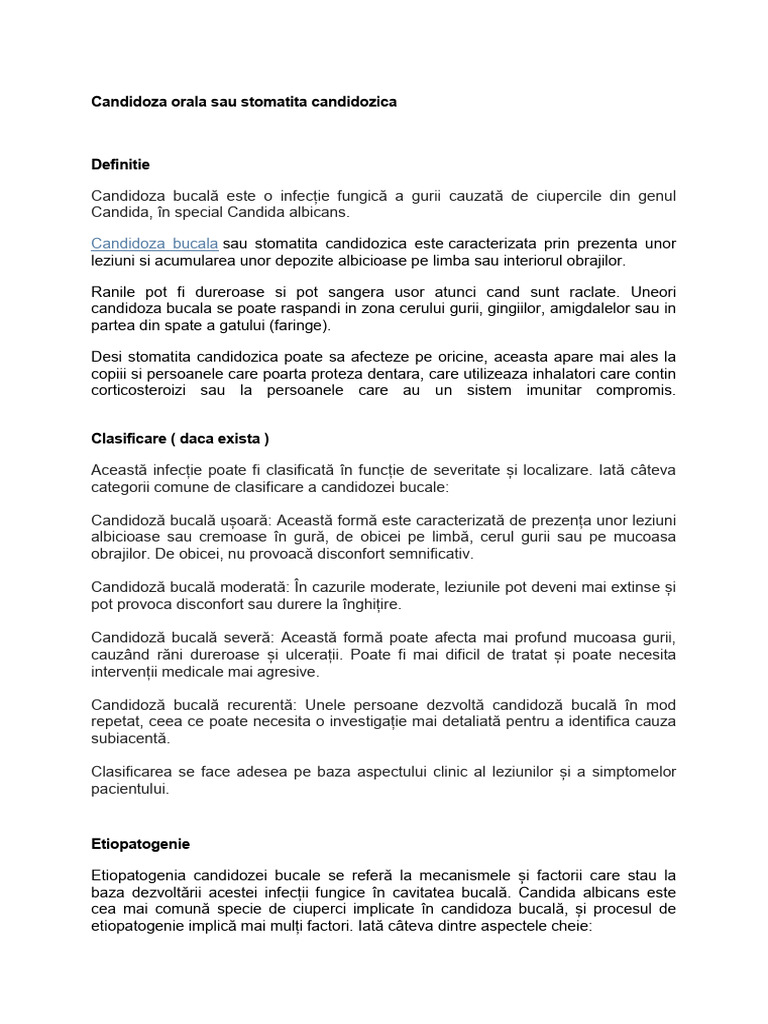 Referat Candidoza Orala Sau Stomatita Candidozica | PDF