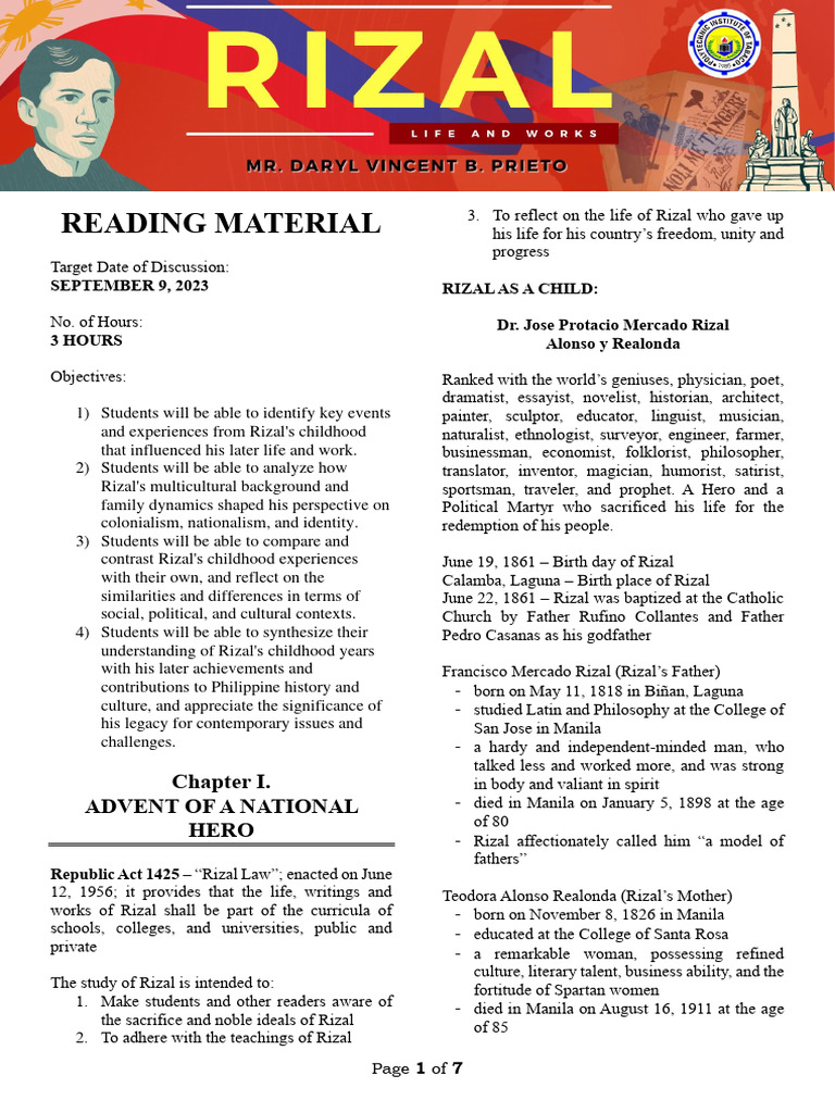 Rizal (Reading Material) 1 | PDF
