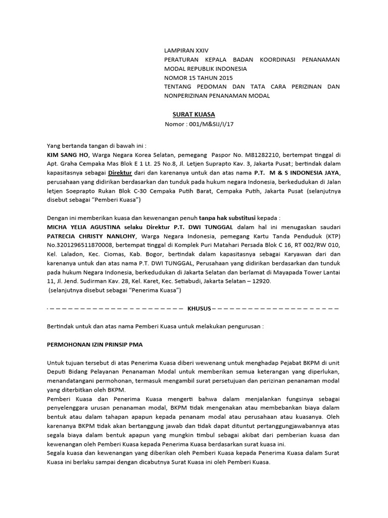 Surat Kuasa IP Baru BKPM 2017 | PDF