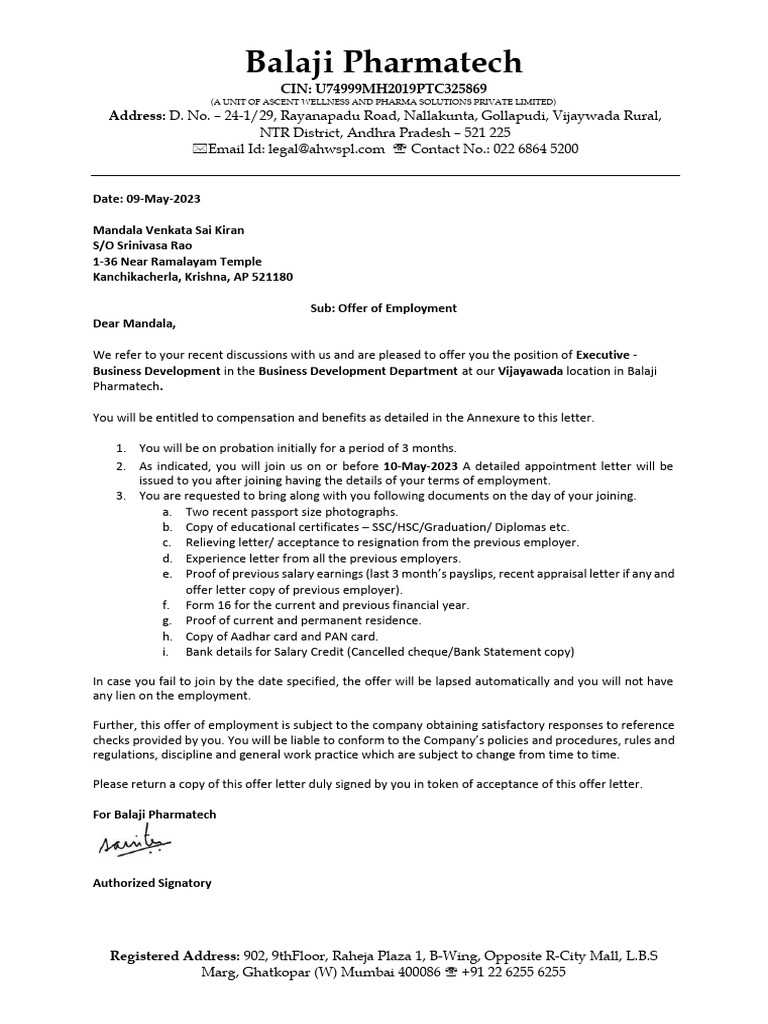 Offer Letter - Mandala Venkata Sai Kiran | PDF | Economies