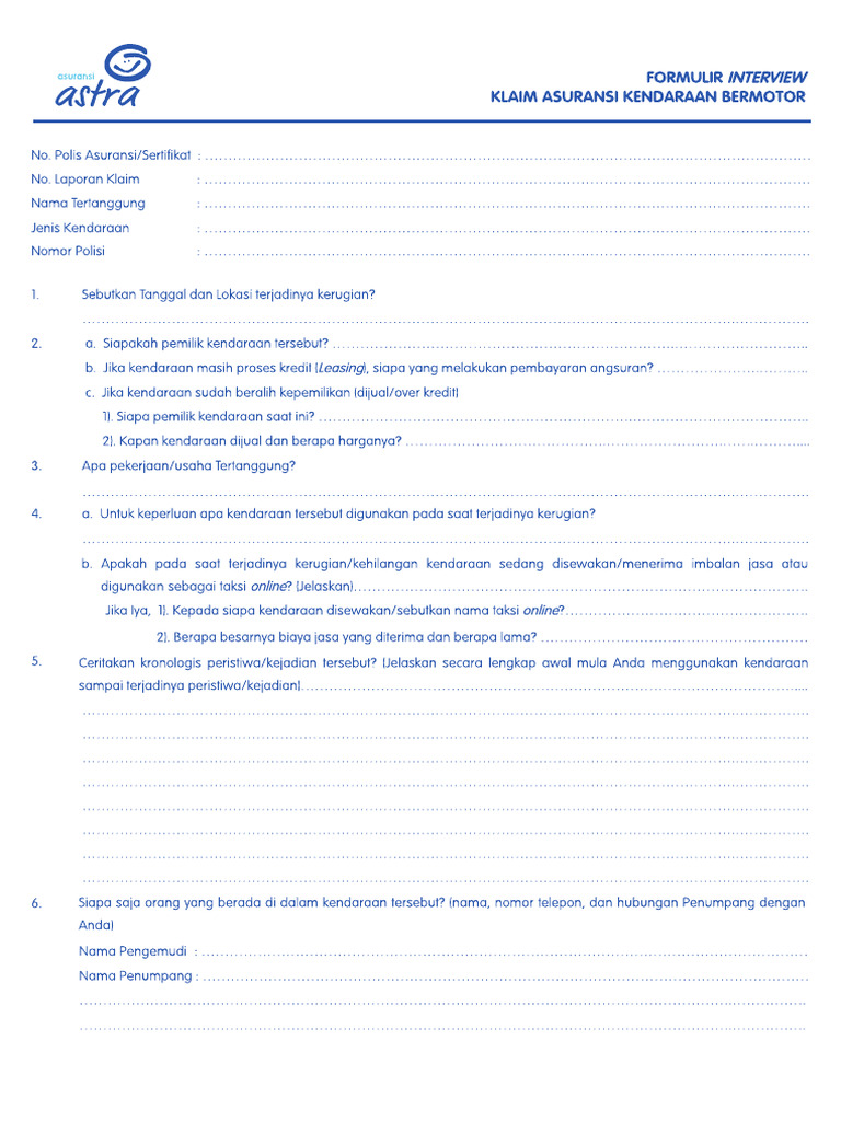 Formulir Interview Klaim Asuransi Kendaraan Bermotor (New) | PDF