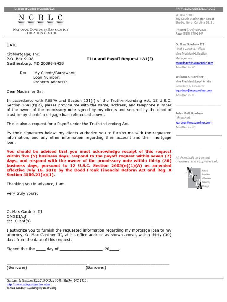 TILA and Payoff Request 131(f) | PDF
