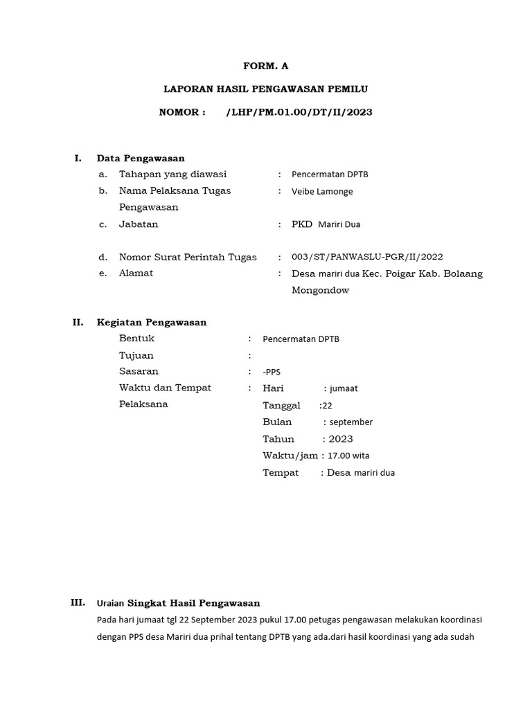 LHP Pencermatan DPTB Desa Mariri Dua | PDF