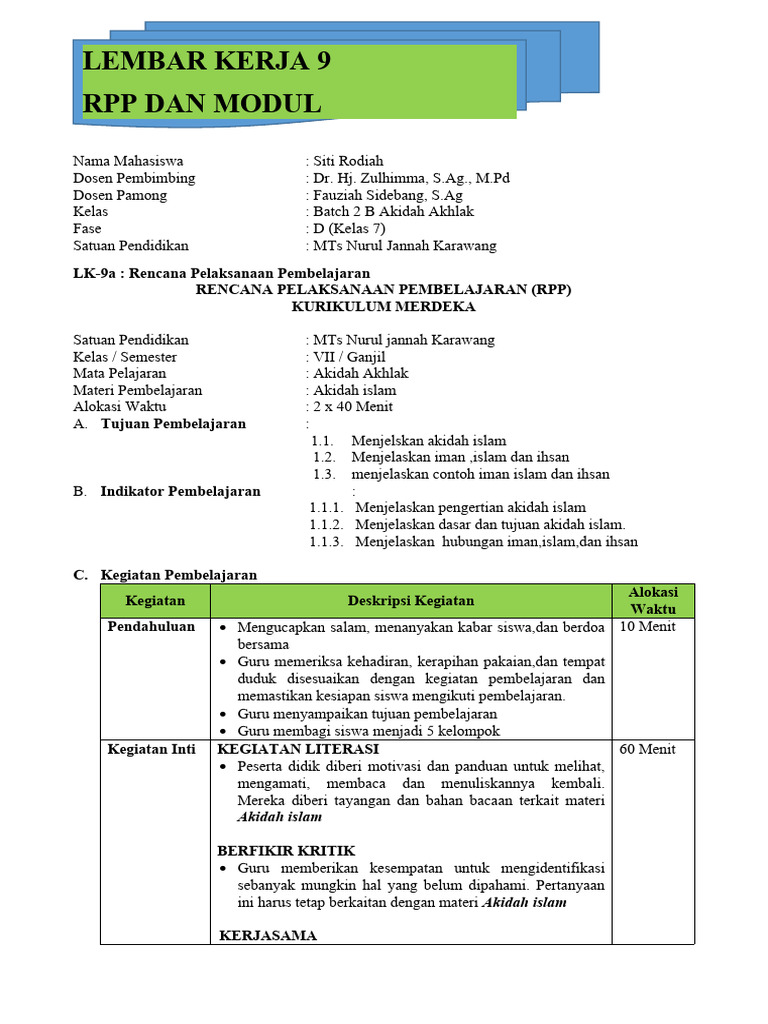 LK 9 RPP - Modul - Siti Rodiah | PDF