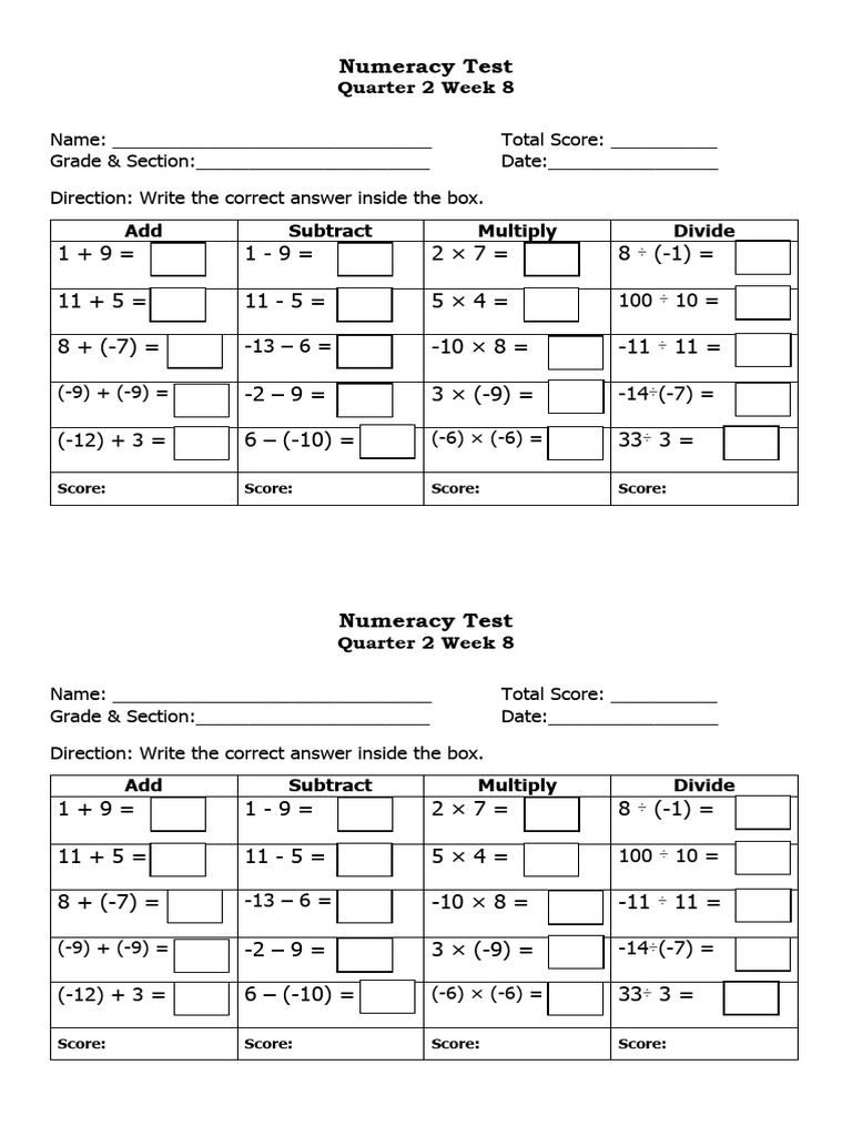 Grade 2 Numeracy Test Worksheet | PDF