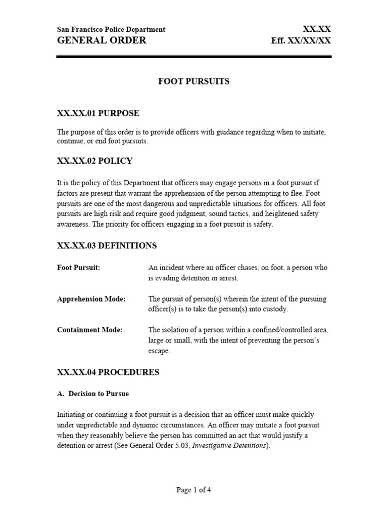 SFPD Foot Pursuit Policy DGO 5.25 | PDF