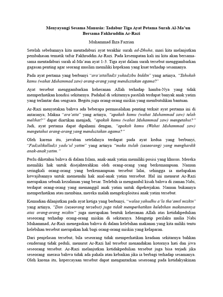 Menyayangi Sesama Manusia Tadabbur Tiga Ayat Petama Surah Al-Ma'un ...