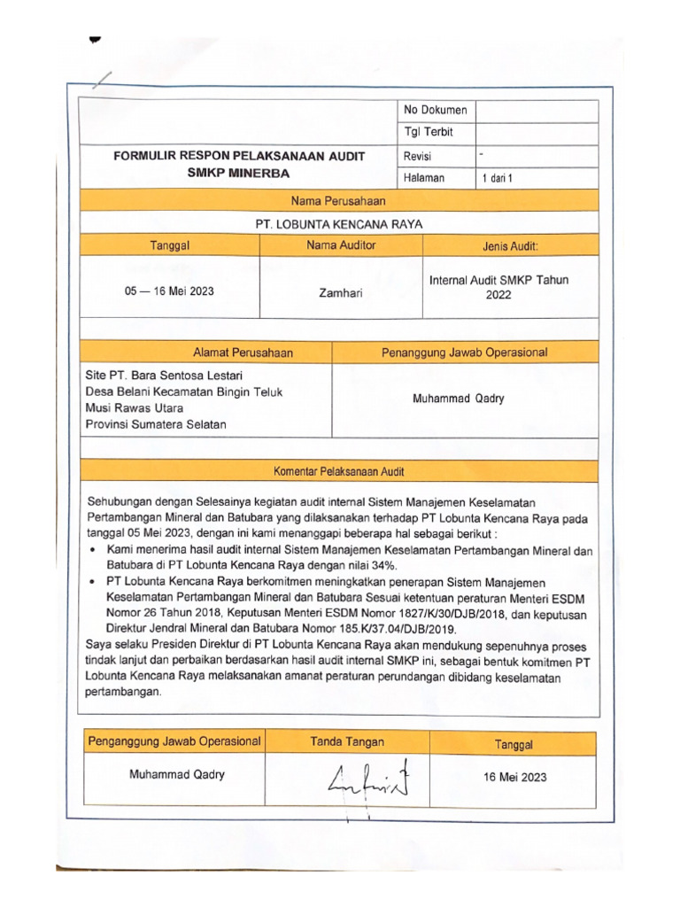 Formulir Respon Pelaksanaan Audit | PDF