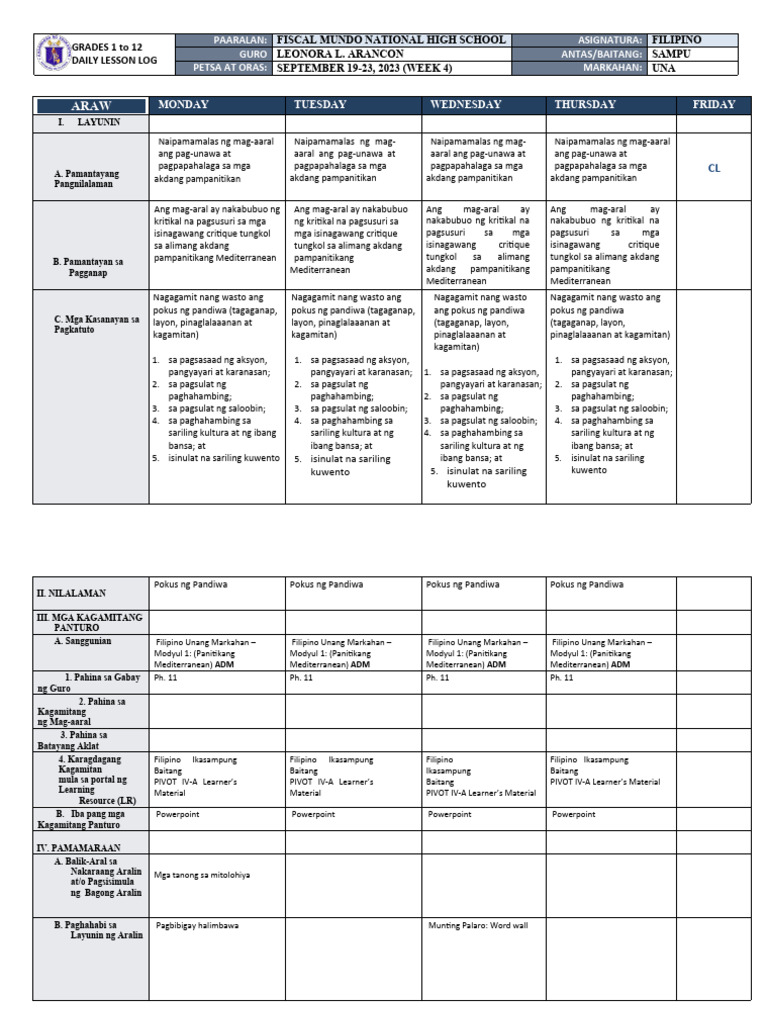 DLL Filipino10 q1 w4 | PDF | Foreign Language Studies