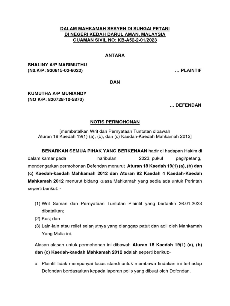 Notis Permohonan Strike Out | PDF | Hukum