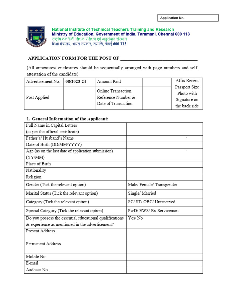 NITTTR Chennai Job Application Form | PDF | Career & Growth