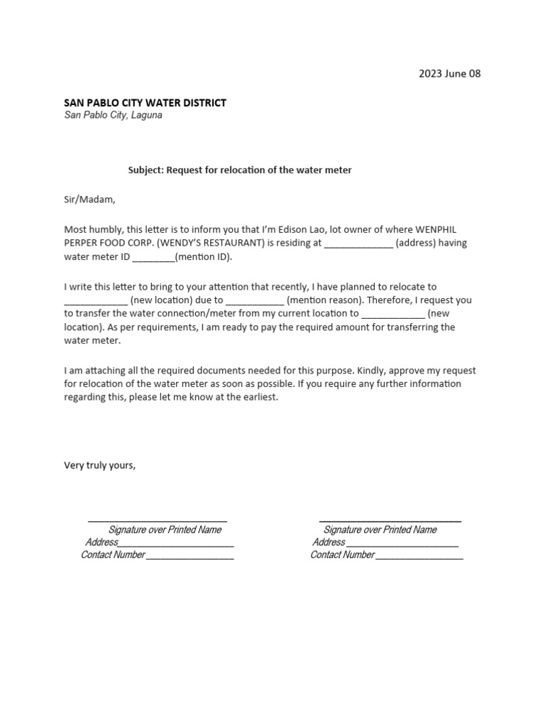 Relocation of Water Meter -Letter Request | PDF