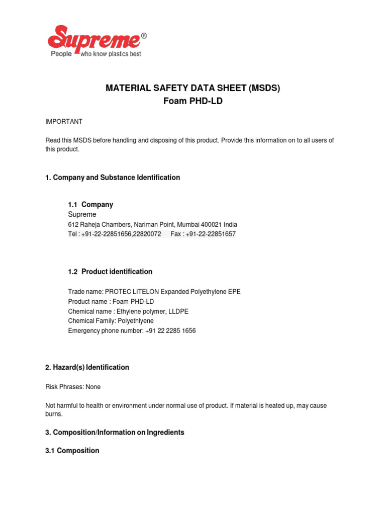 MSDS-SUPREME-PHD LD-Foam | PDF
