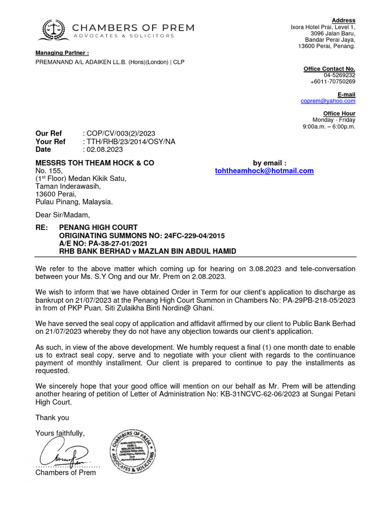 Letter To Toh Theam Hock 2.8.2023 | PDF