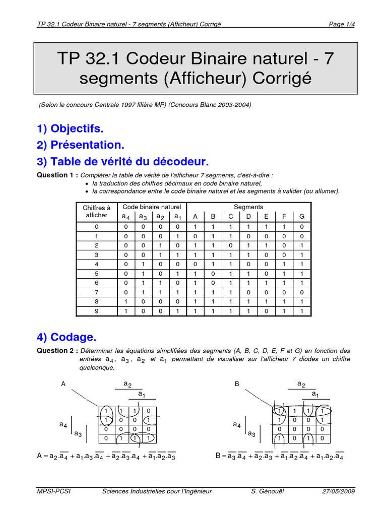 TP 32.1 Codeur Binaire Naturel - 7 Segments - Afficheur - Corrig | PDF