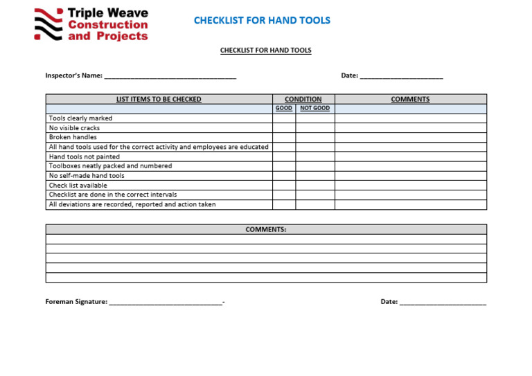 Hand Tools Checklist | PDF