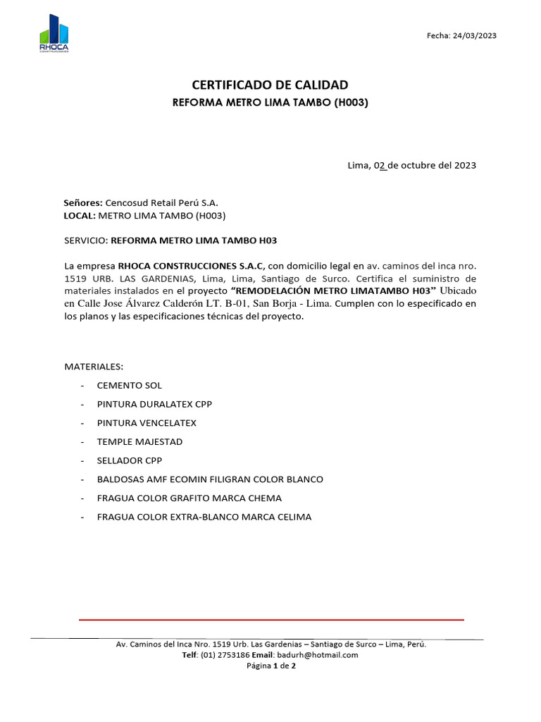 H3 - Certificados de Calidad - Materiales | PDF