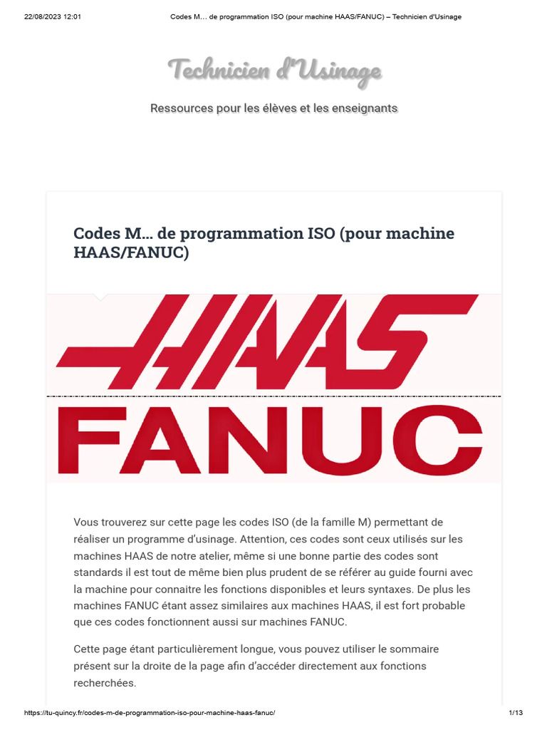 Codes M de Programmation ISO (Pour Machine HAAS - FANUC) - Technicien D'usinage | PDF