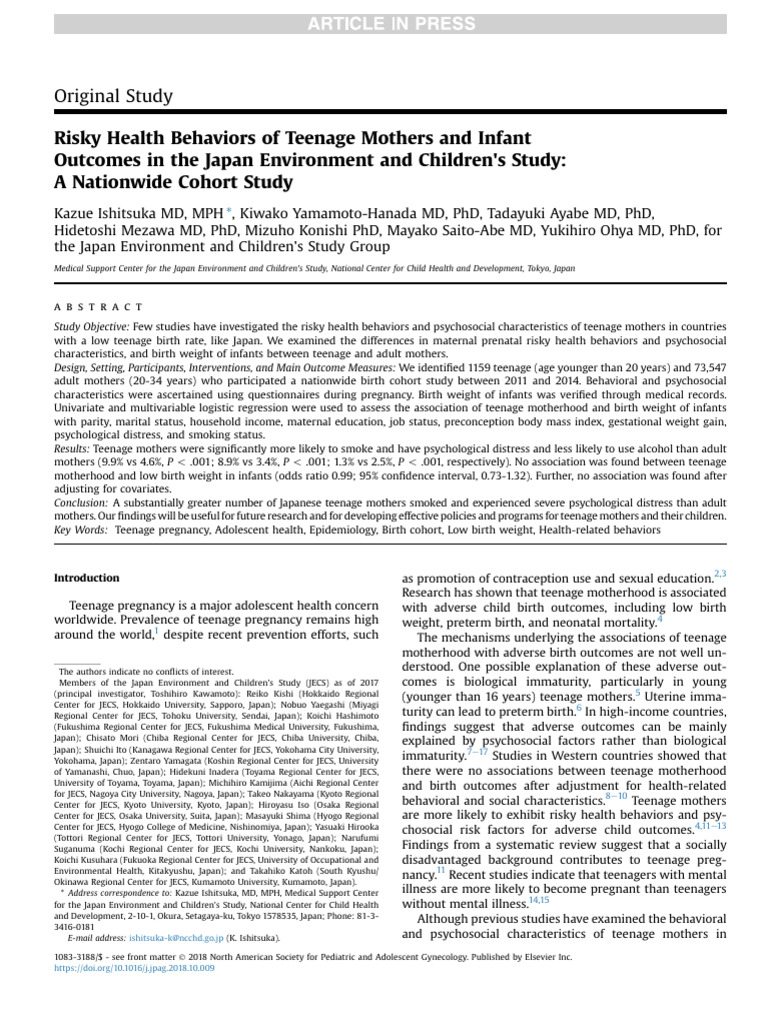 Risky Health Behaviors of Teenage Mothers and Infant Outcomes in The ...