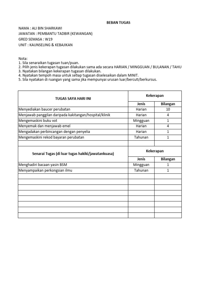 Format Beban Tugas | PDF