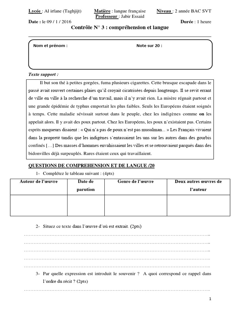 Controle Compr Hension Langue | PDF