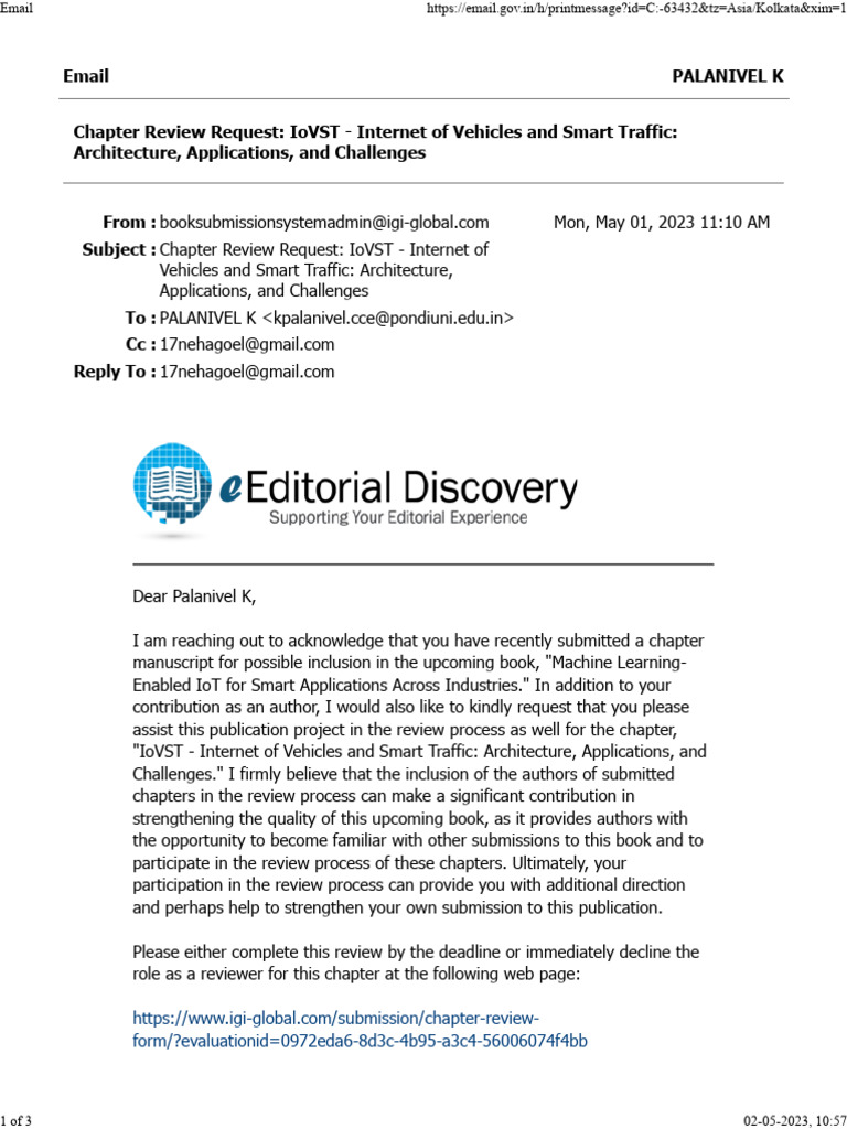 Reviewer - Inernet of Vehicle - IGI Global Chapter | PDF