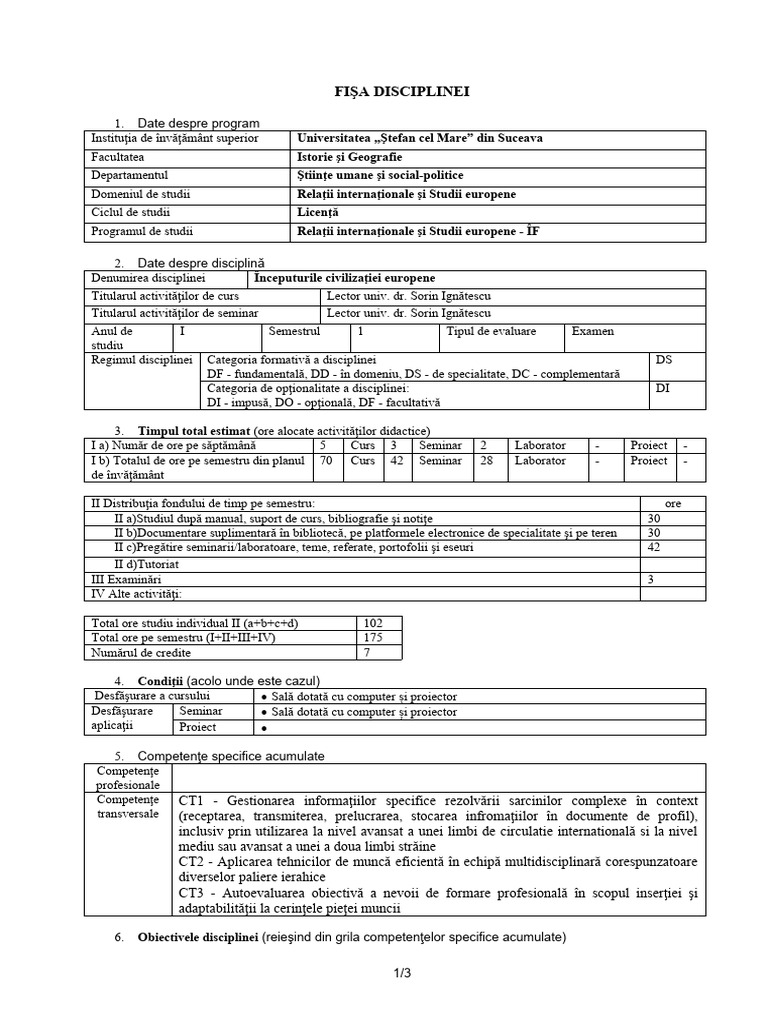 Fisa Disciplinei Inceputurile Civilizatiei Europene 2023 2024 | PDF
