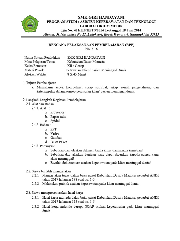 RPP Kd. 3.16 KDM Perawatan Klien Atau Pasien Meninggal Dunia | PDF