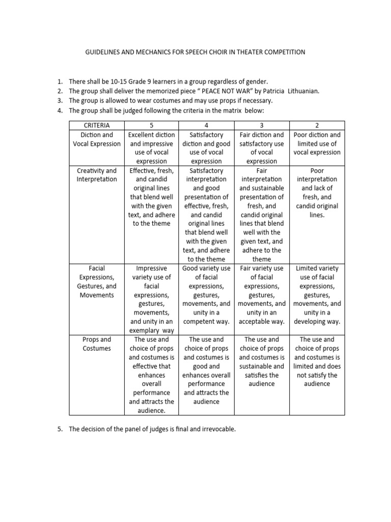 Guidelines and Mechanics For Speech Choir in Theater Competition | PDF Guidelines and Mechanics For Speech Choir in Theater Competition | PDF