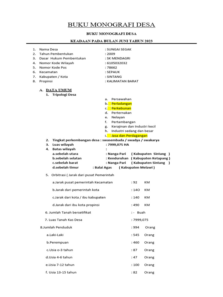 Monografi Desa Sungai Segak 2023 | PDF