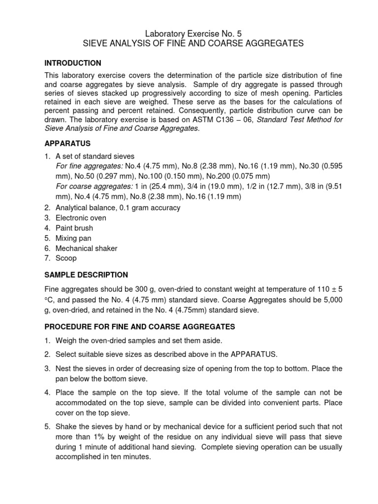 LabEx No. 5 Sieve Analysis of Aggregates | PDF | Chemistry | Applied ... LabEx No. 5 Sieve Analysis of Aggregates | PDF | Chemistry | Applied ...