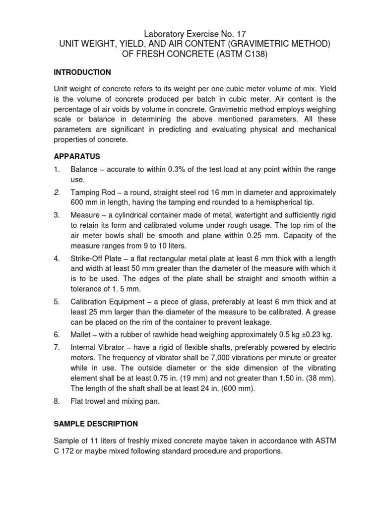LabEx No. 17 Unit Weight, Yield, and Air Content (Gravimetric Method ... LabEx No. 17 Unit Weight, Yield, and Air Content (Gravimetric Method ...