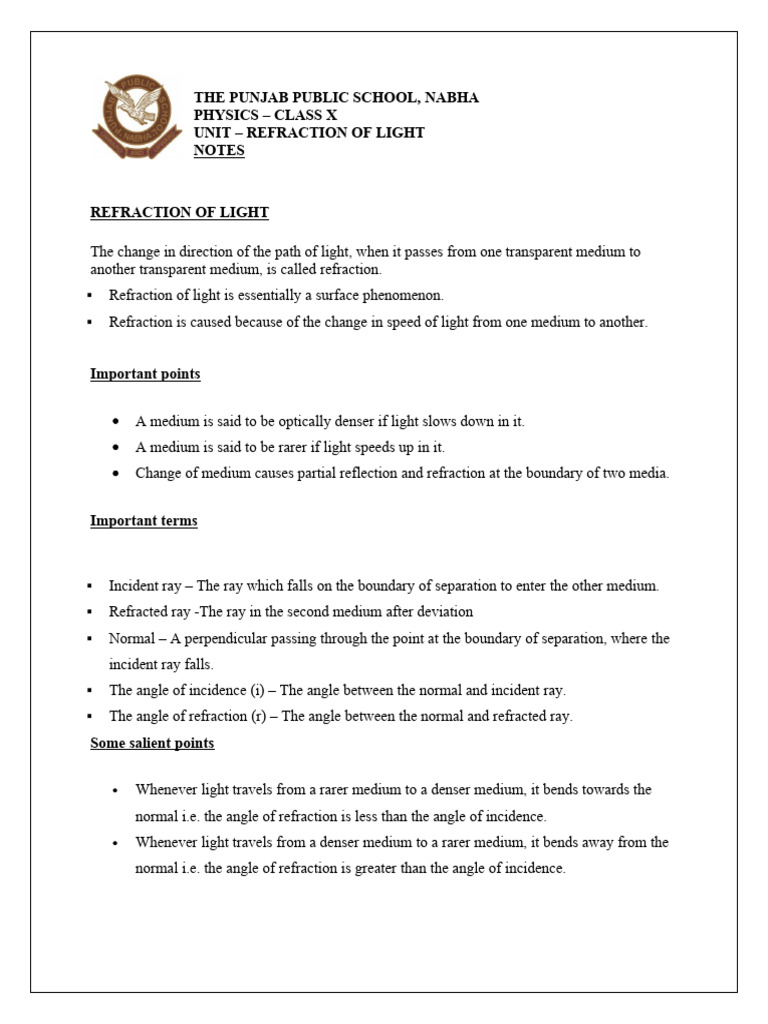 C 10 Refraction of Light Notes | PDF | Refraction | Refractive Index