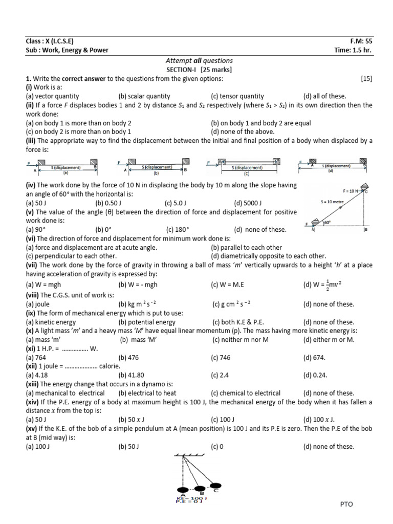 ICSE Work Power Energy Test | PDF | Force | Velocity